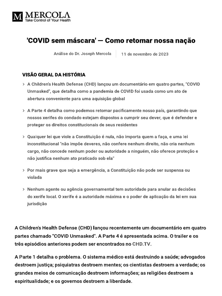 'COVID Sem Máscara' - Como Retomar Nossa Nação | PDF