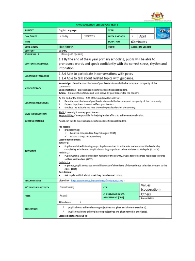 RPH Bi Year 5 (P.sivik 2 - Apr #Happiness) | PDF | Learning | Lesson Plan