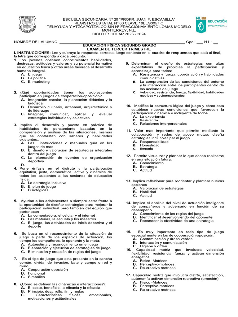 Examen EDU - FISICA SEGUNDO, 3° TRI | PDF | Planificación | Sicología