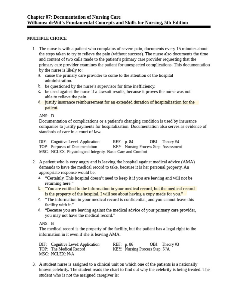 Chapter 07: Documentation of Nursing Care Williams: Dewit'S Fundamental ...