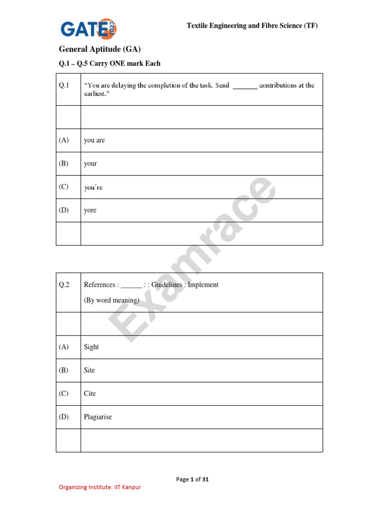 GATE Textile Engineering 2023 | PDF | Spinning (Textiles) | Yarn