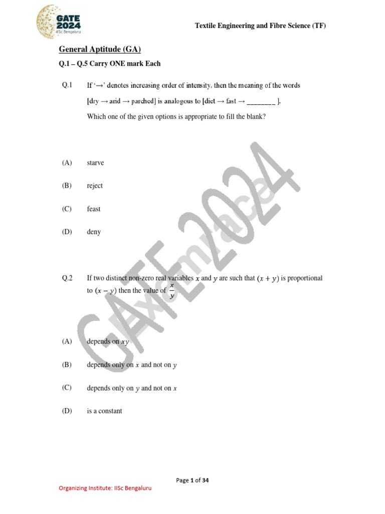 GATE Textile Engineering 2024 | PDF | Yarn | Fat