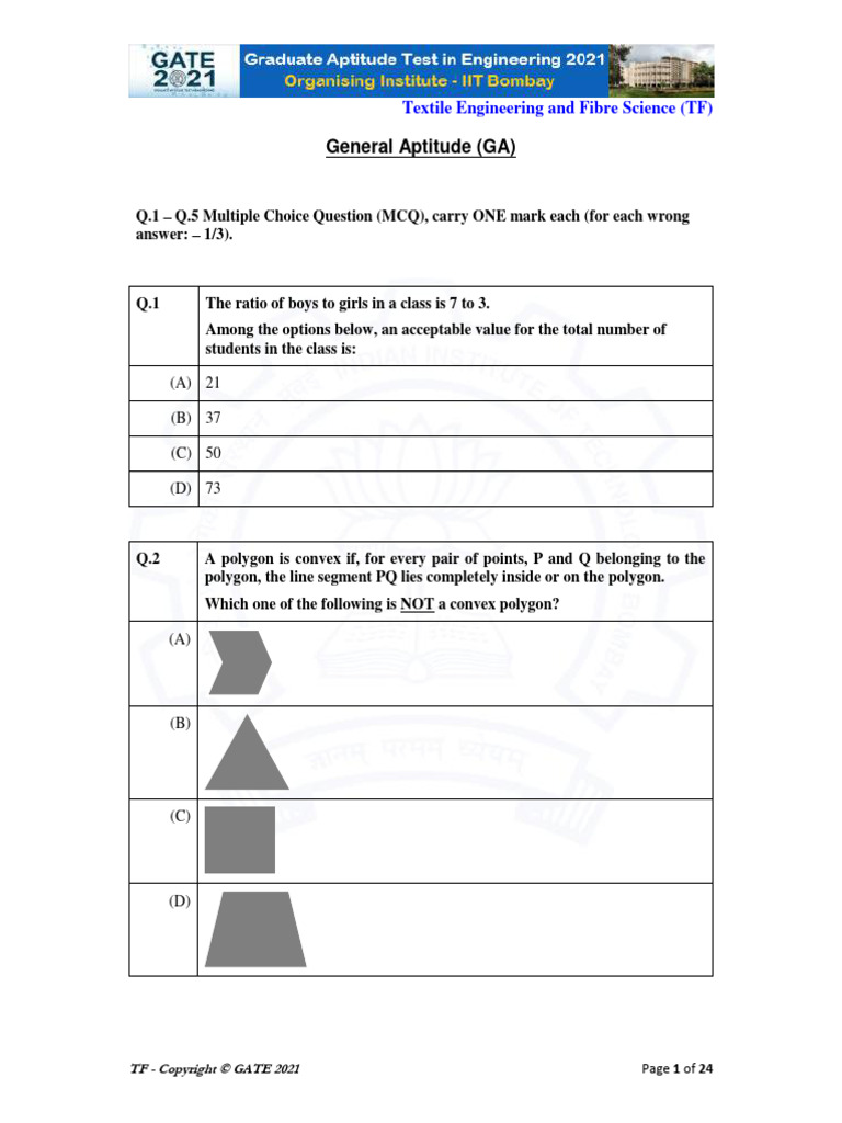 GATE Textile Engineering Fibre Science Paper 2021 | Download Free PDF ...