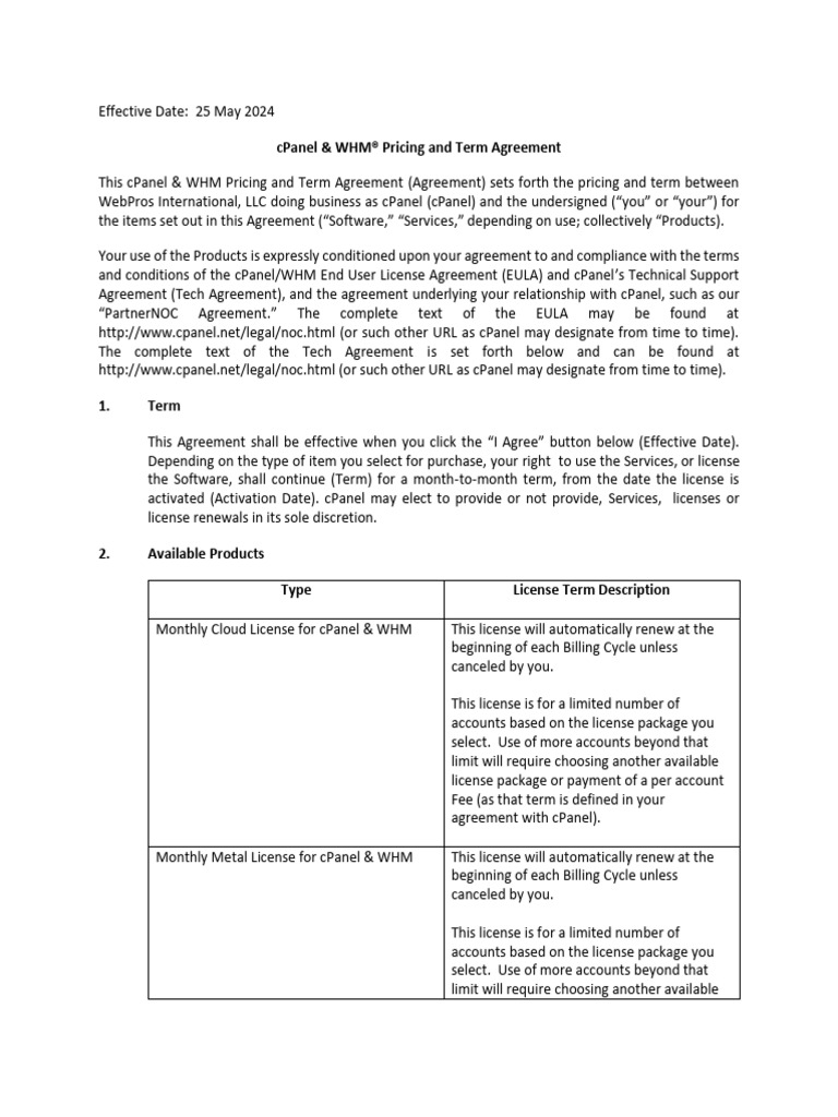 Cpanel WHM Pricing and Term Agreement 25-05-2024 | PDF | License