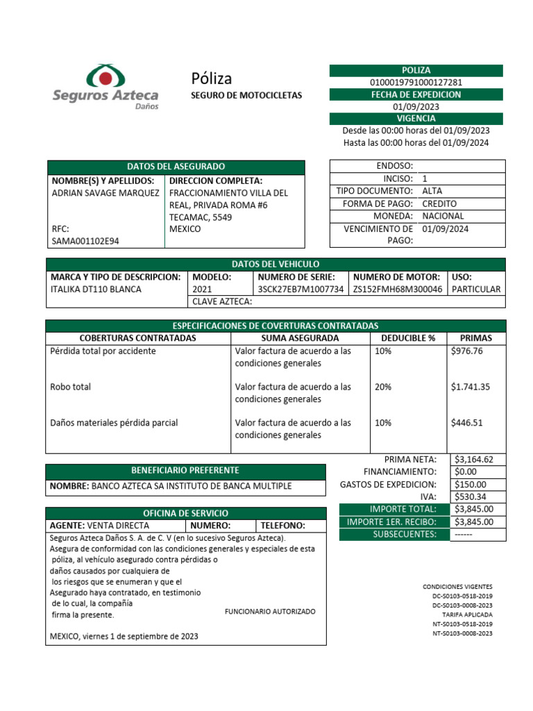 Poliza de Seguro Azteca DT110 | PDF | Póliza de seguros | Seguro