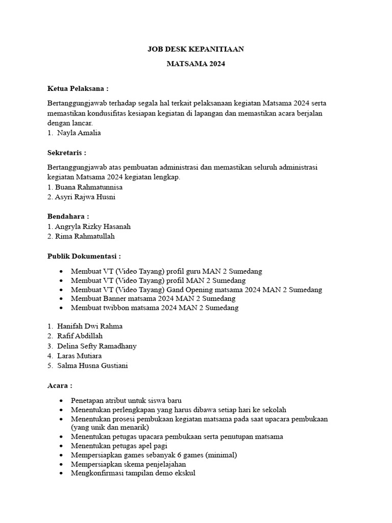 JOB DESK Panitia OSIS Matsama 2024 | PDF