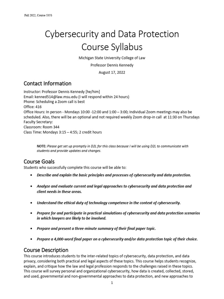 Kennedy Cybersecurity and Data Protection Course Syllabus 2022 For ...