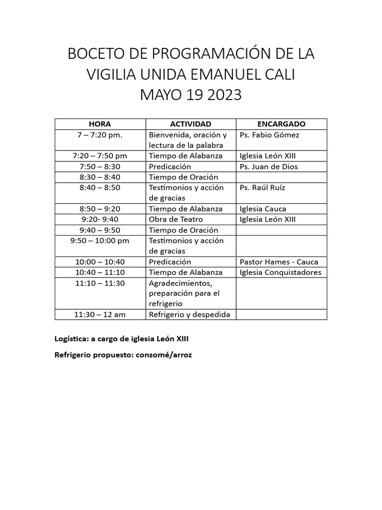 Boceto de Programación de La Vigilia Unida Emanuel Cali | PDF