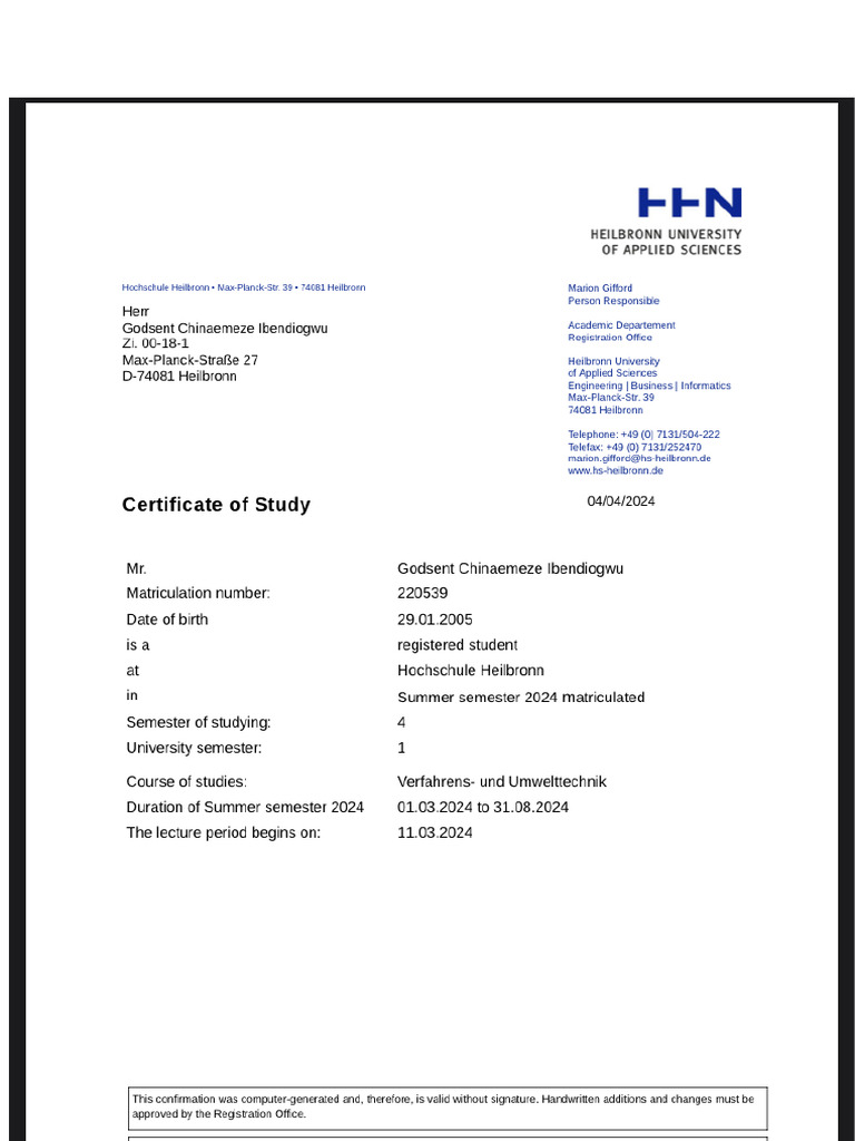 Certificate of Study PDF | PDF