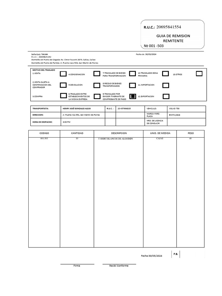 Formato - Guía de Remisión | PDF