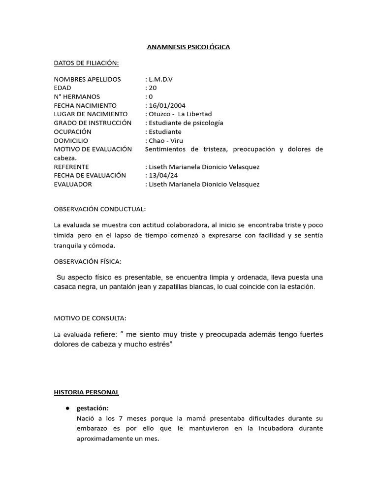 Anamnesis Psicológica | PDF | Sicología | Teoría de apego