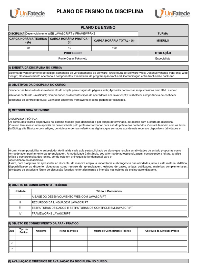 Plano de Ensino: Desenvolvimento Web JS | PDF | Script Java | Framework ...