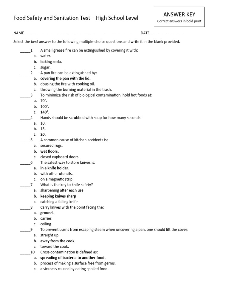 HS Food Safety and Sanitation Test Answers | PDF | Food Safety | Knife