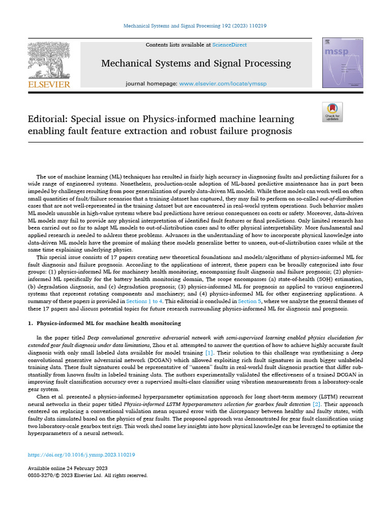 Editorial - Special Issue On Physics-Informed Machine Learning Enabling Fault Feature Ectraction ...