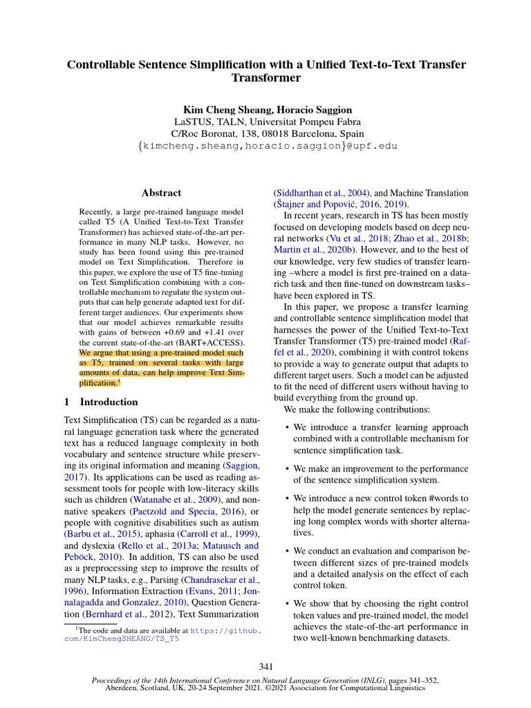 Controllable Sentence Simplification With A Unified Text-to-Text Transfer Transformer | PDF ...