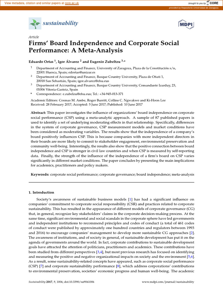 Firms' Board Independence and Corporate Social Performance - A Meta ...