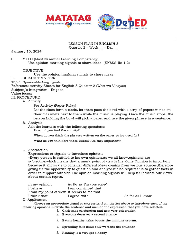 Opinion-Marking Signals Lesson Plan | PDF | English Language | Phrase