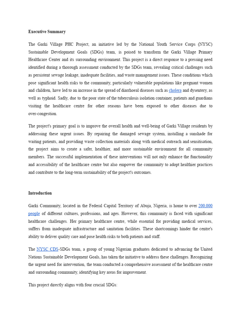 Garki Village PHC Project Overview | PDF | Sanitation | Health Care