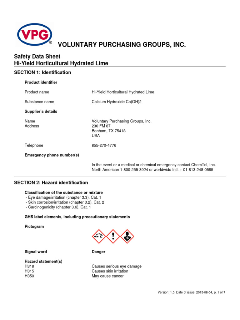 Hi-Yield Horticultural Hydrated Lime - SDS | PDF | Silicon Dioxide | Water