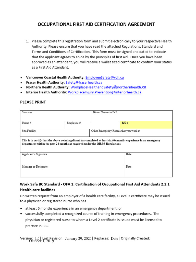 OFA 1 Certification Agreement Form | PDF | Nursing | First Aid