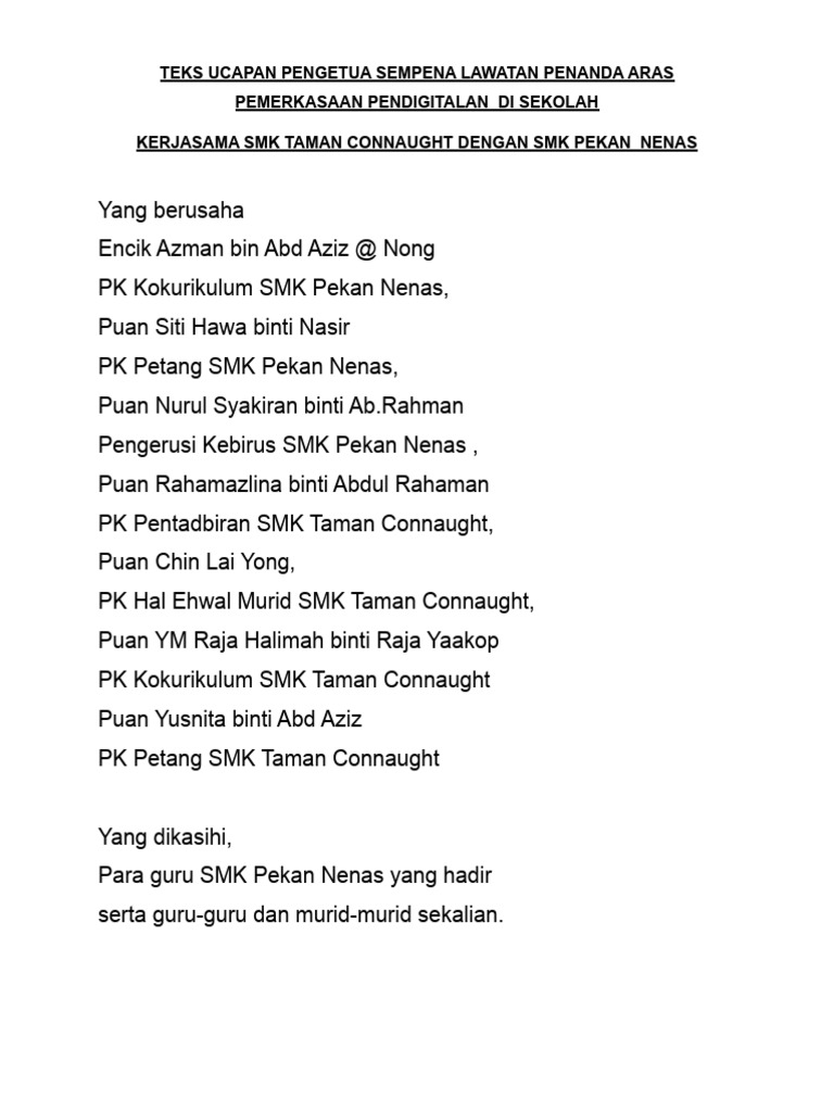 Teks Ucapan Pengetua Lawatan Penanda Aras Pemerkasaan Pendigitalan | PDF