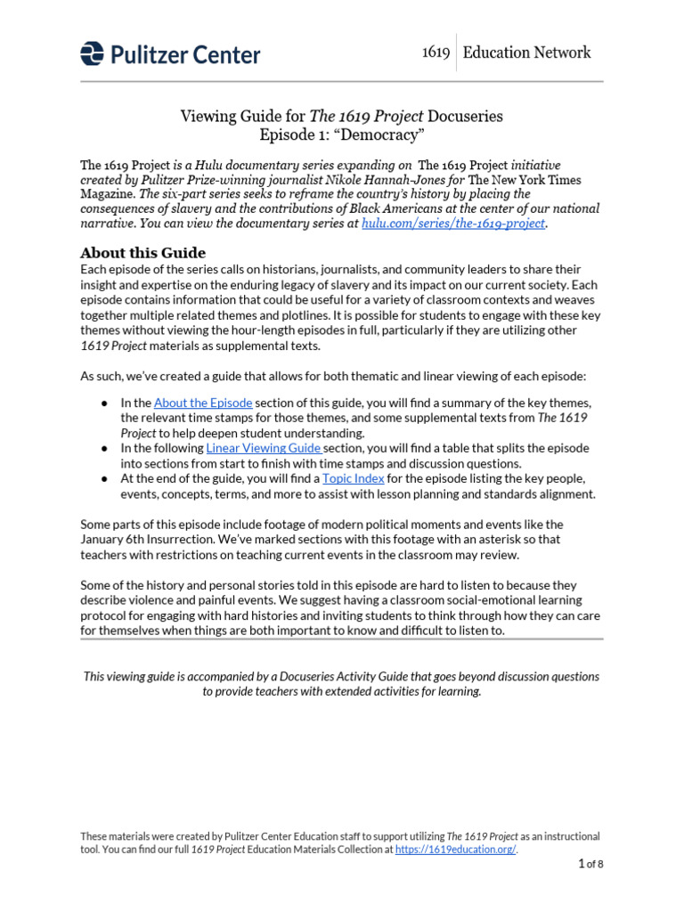 1619 Project Episode 1 Viewing Guide | PDF | Jim Crow Laws ...