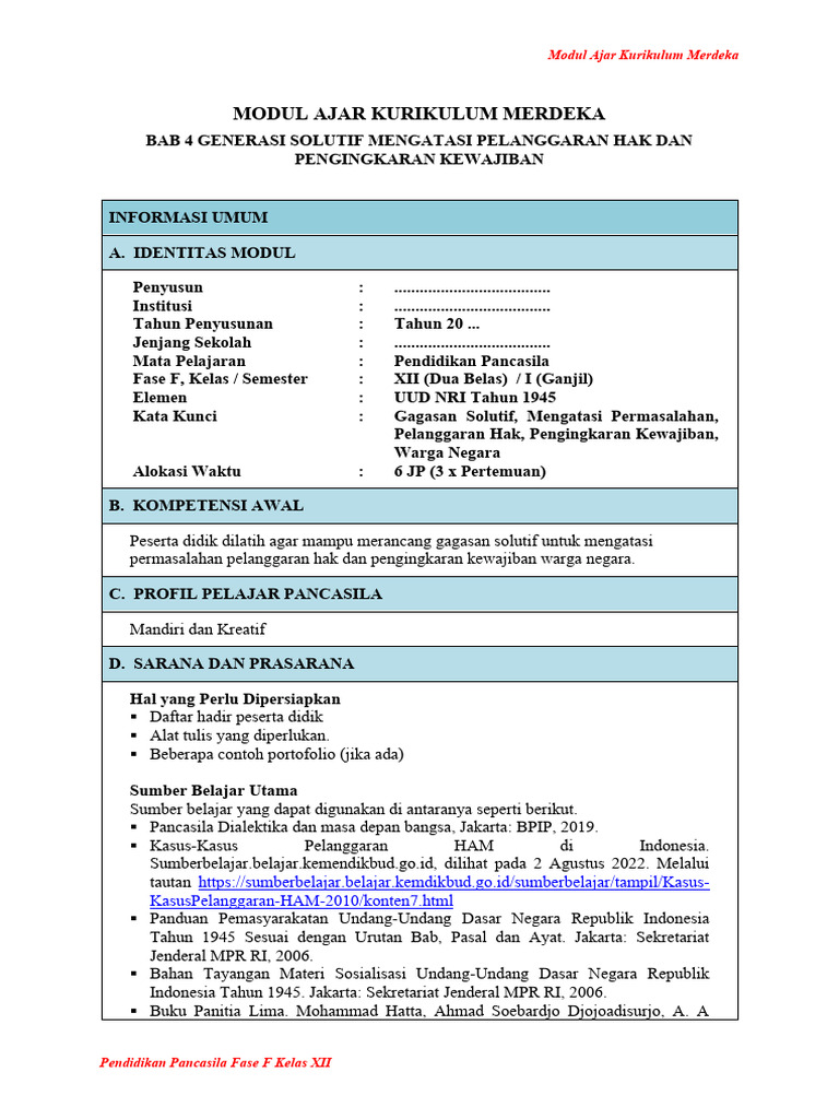 Modul Ajar Bab 4 Generasi Solutif Mengatasi Pelanggaran Hak | PDF