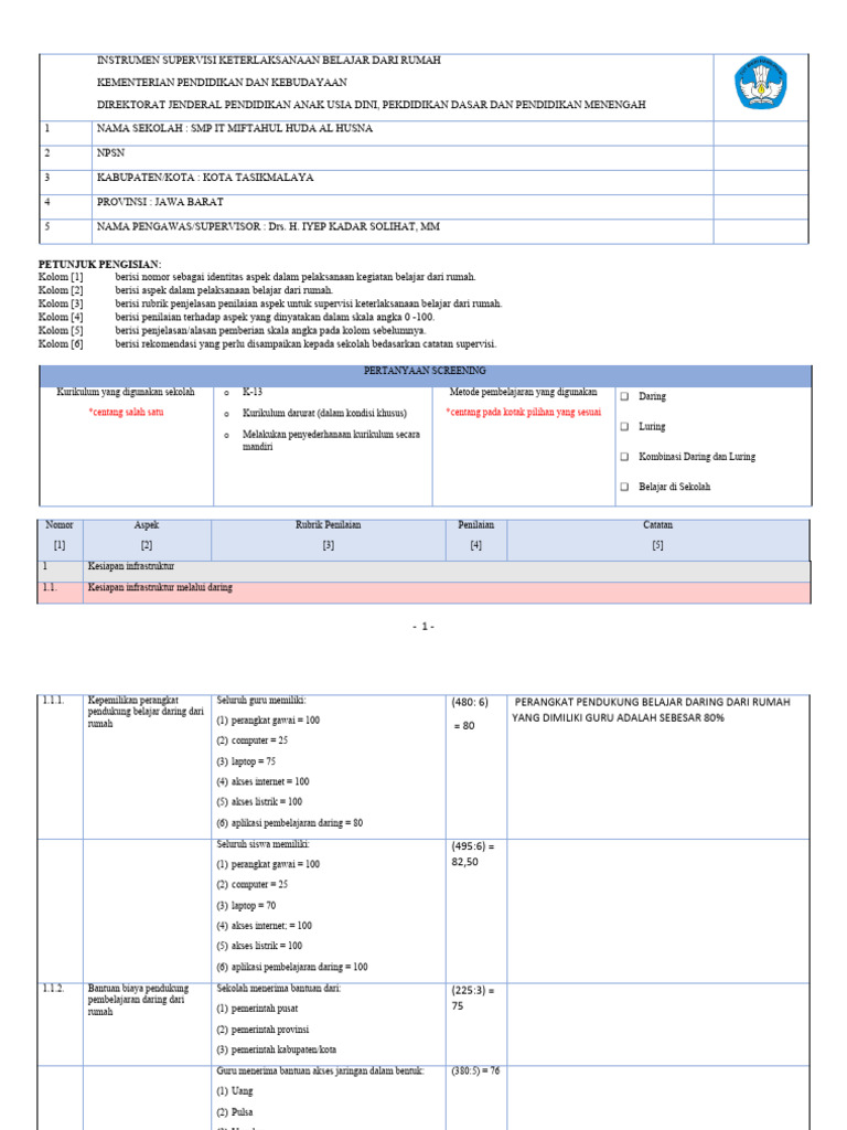 Format Instrumen Supervisi BDR PA ADE ERVAN | PDF