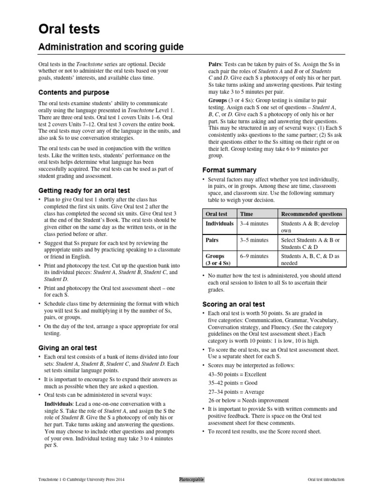 Touchstone Level 1 Oral Test Guide | PDF | Cognition | Learning