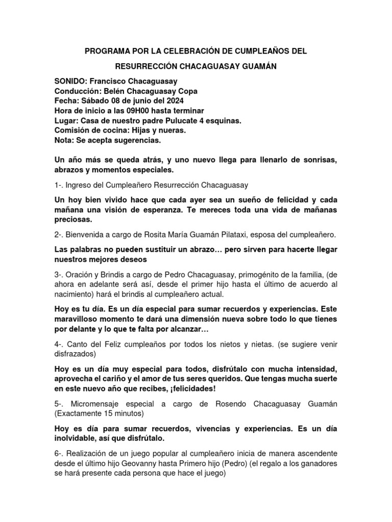 Programa Por La Celebracion de Cumpleanos | PDF | Cumpleaños