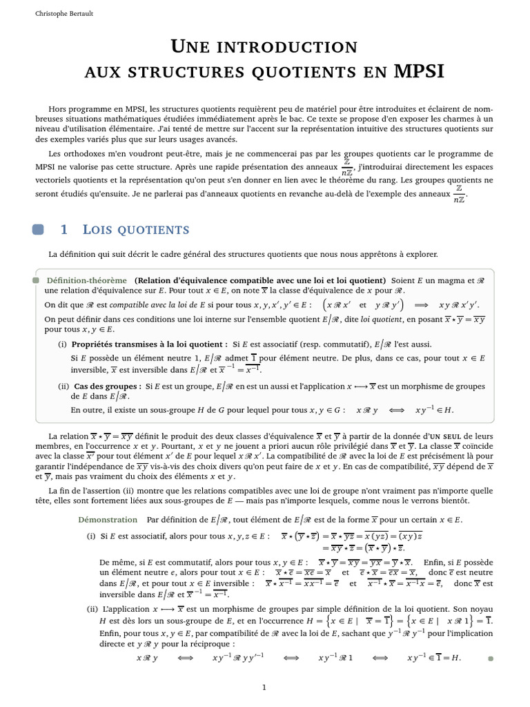 Introduction aux structures quotients en MPSI | PDF | Anneau ...