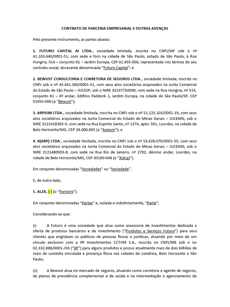 Minuta - Contrato de Parceria - Empresarial - Alza - MM2 | PDF | Propriedade intelectual ...