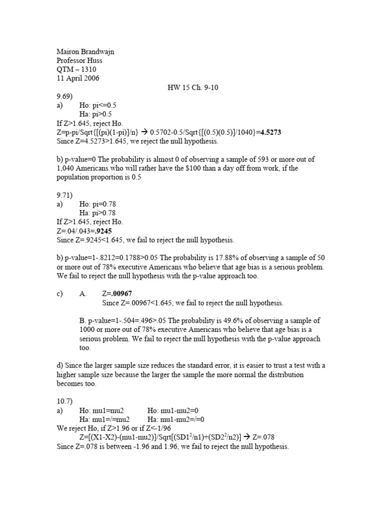 Ch. 9-10 HW 15 | PDF | P Value | Methodology