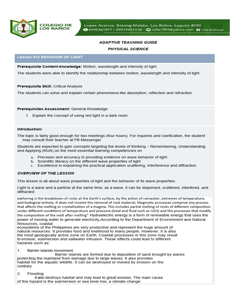 Behavior of Light: Adaptive Teaching Guide | PDF | Light | Water