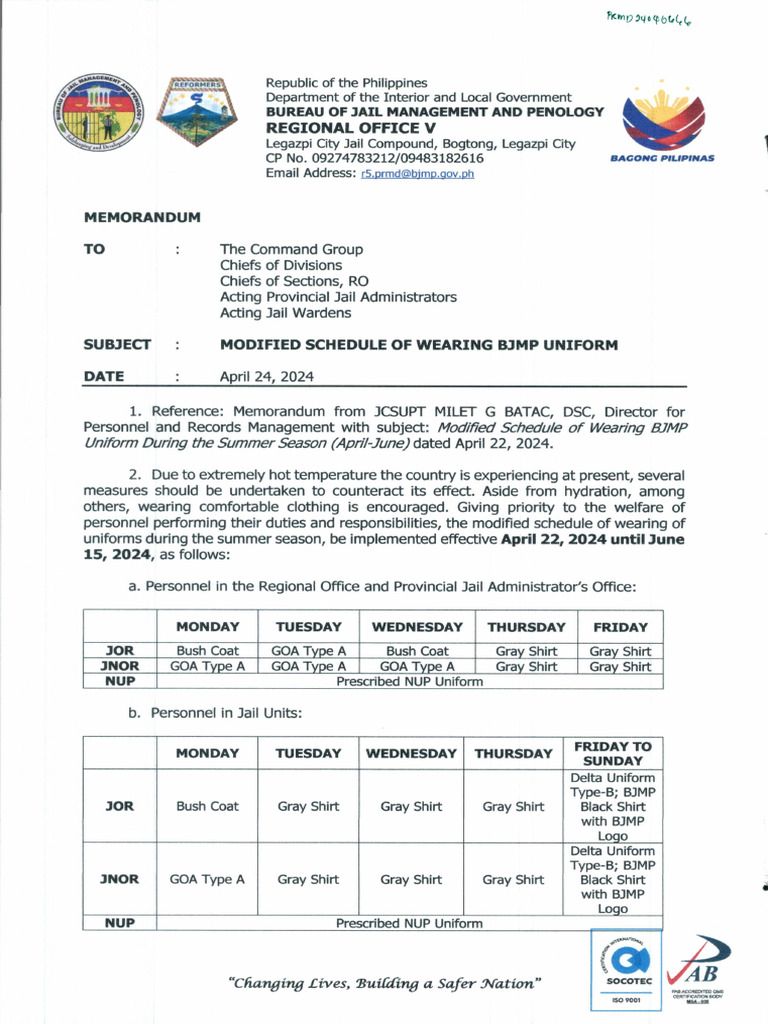 Memo Re - Modified Schedule of Wearing BJMP Uniform | PDF