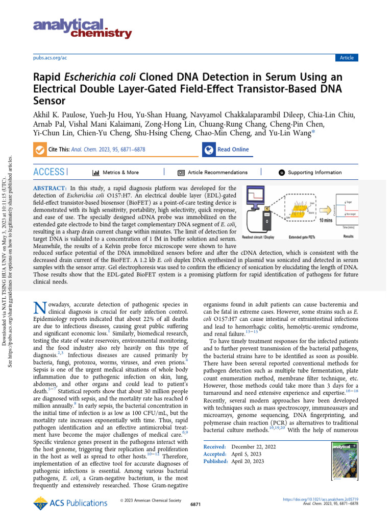 Rapid E. Coli Cloned DNA Detection in Serum Using An EDL-FET Based DNA ...