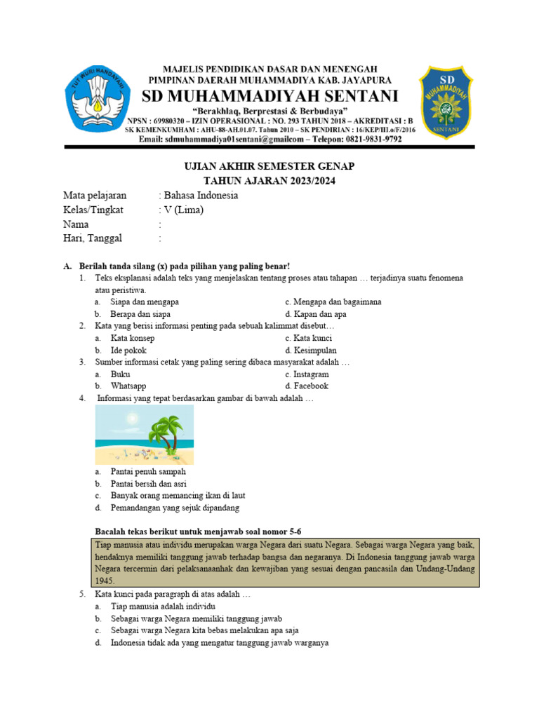 Soal Bahasa Indonesia Kls V 2024 | PDF | Fiksi Umum