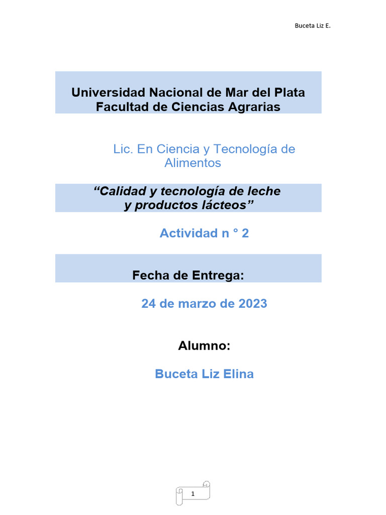 Actividad N ° 2 Lacteos, Liz Buceta | PDF | Leche | Proteínas