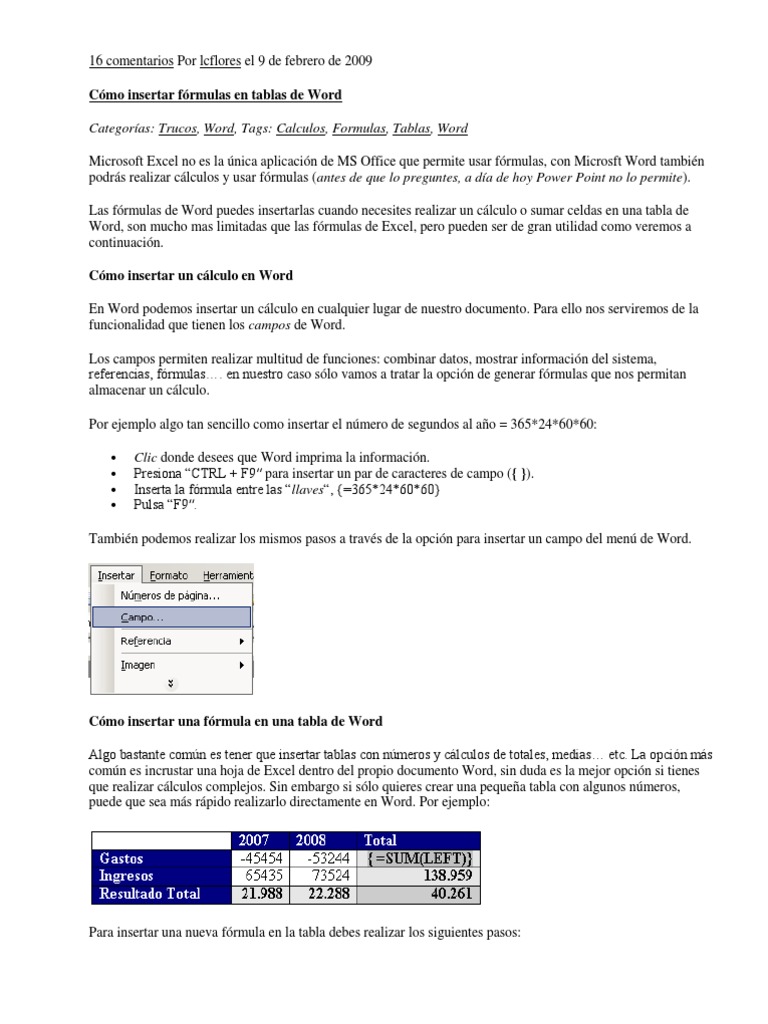 Formulas en Word y Excel | PDF | Hoja de cálculo | Fórmula