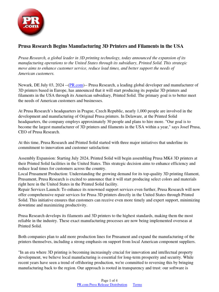 Prusa Research Launches US 3D Printing Production | PDF | 3 D Printing | Printer (Computing)