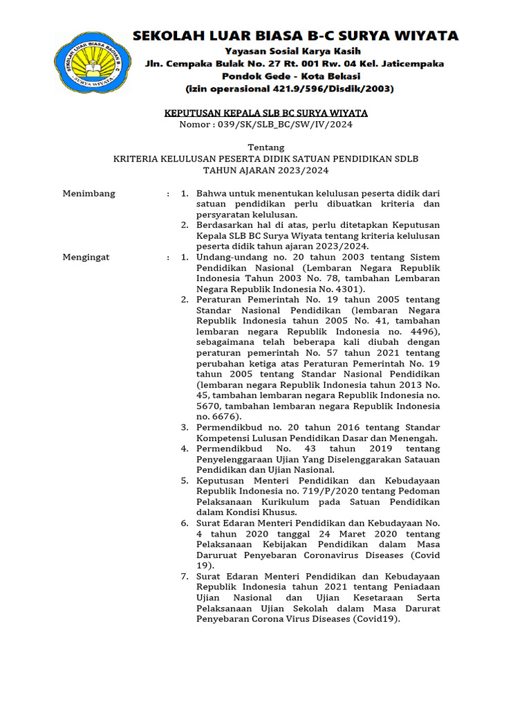 BA Penetapan Kelulusan PSAJ SLB BC Surya Wiyata 2024 | PDF