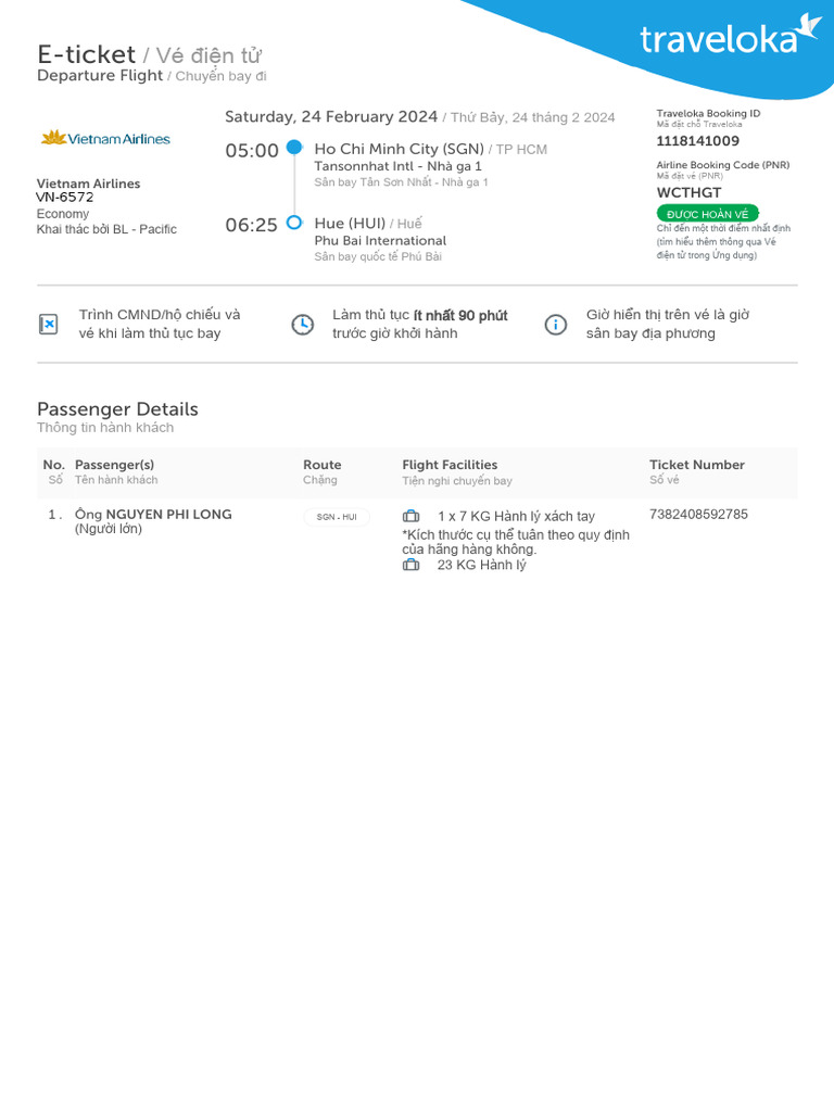 Phi Long Nguyen SGN WCTHGT Hui Flight - Originating | PDF