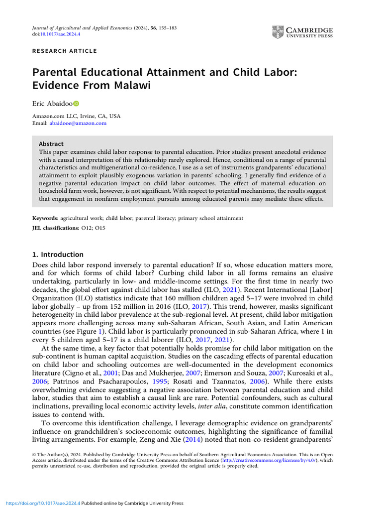 Div Class Title Parental Educational Attainment and Child Labor ...
