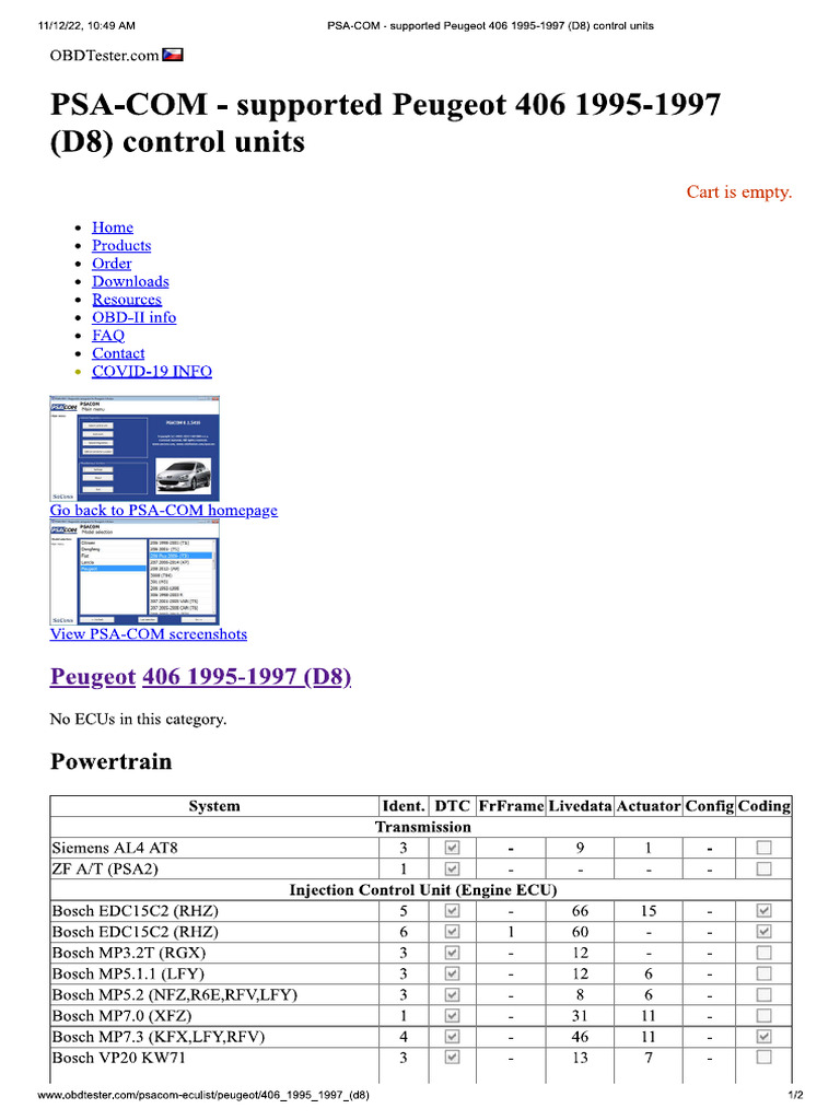 PSA-COM - Supported Peugeot 406 1995-1997 (D8) Control Units | PDF