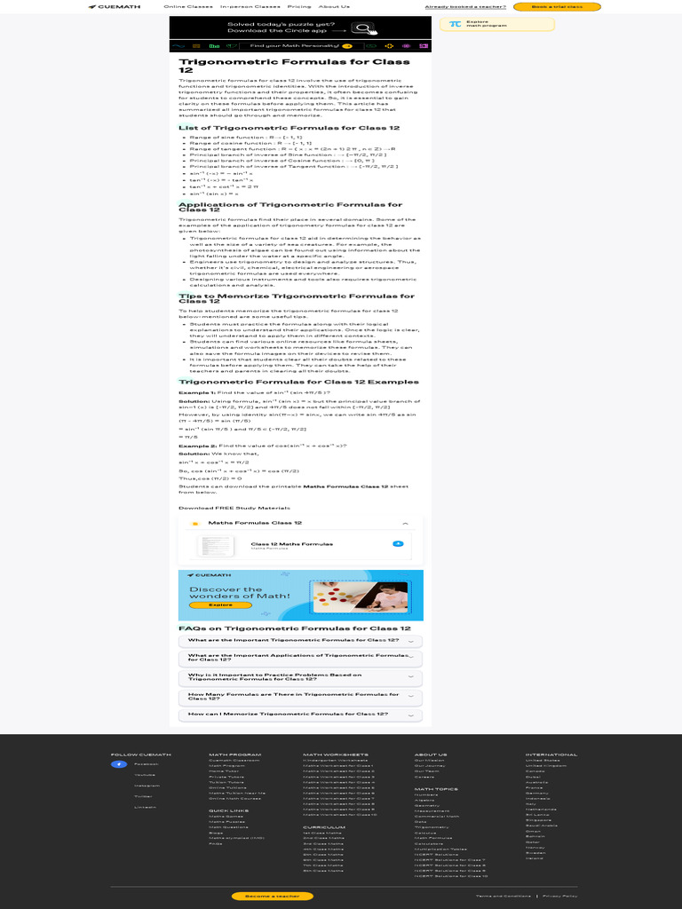 Trigonometric Formulas For Class 12 - Solved Examples, Downloadable PDF ...