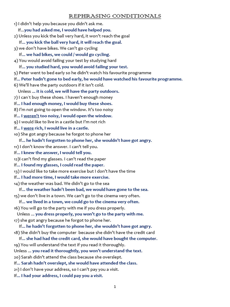 Rephrasing Conditionals Exercises | PDF | Language Arts & Discipline