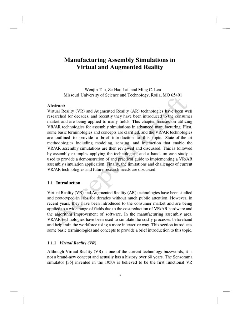 VR/AR in Manufacturing Assembly Simulations | PDF | Augmented Reality ...