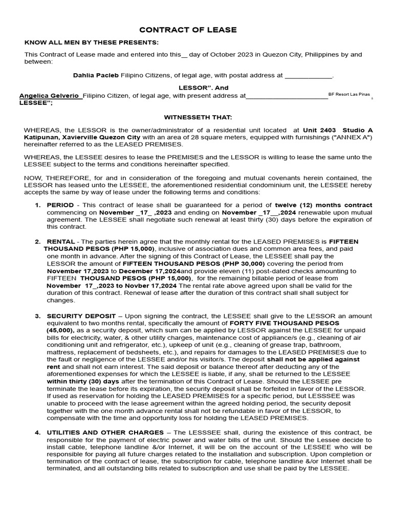 (2403 Angelica Gelverio) - Contract 2023-2024 2 | PDF | Lease | Civil ...