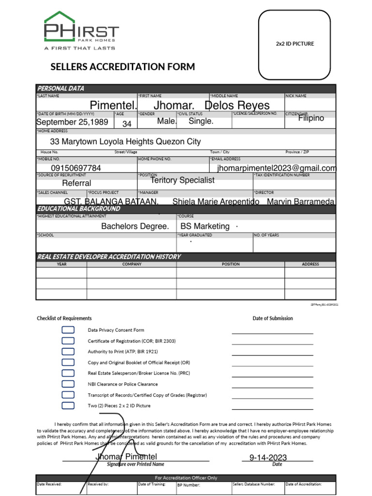 Pimentel. Jhomar. Delos Reyes: Sellers Accreditation Form | PDF