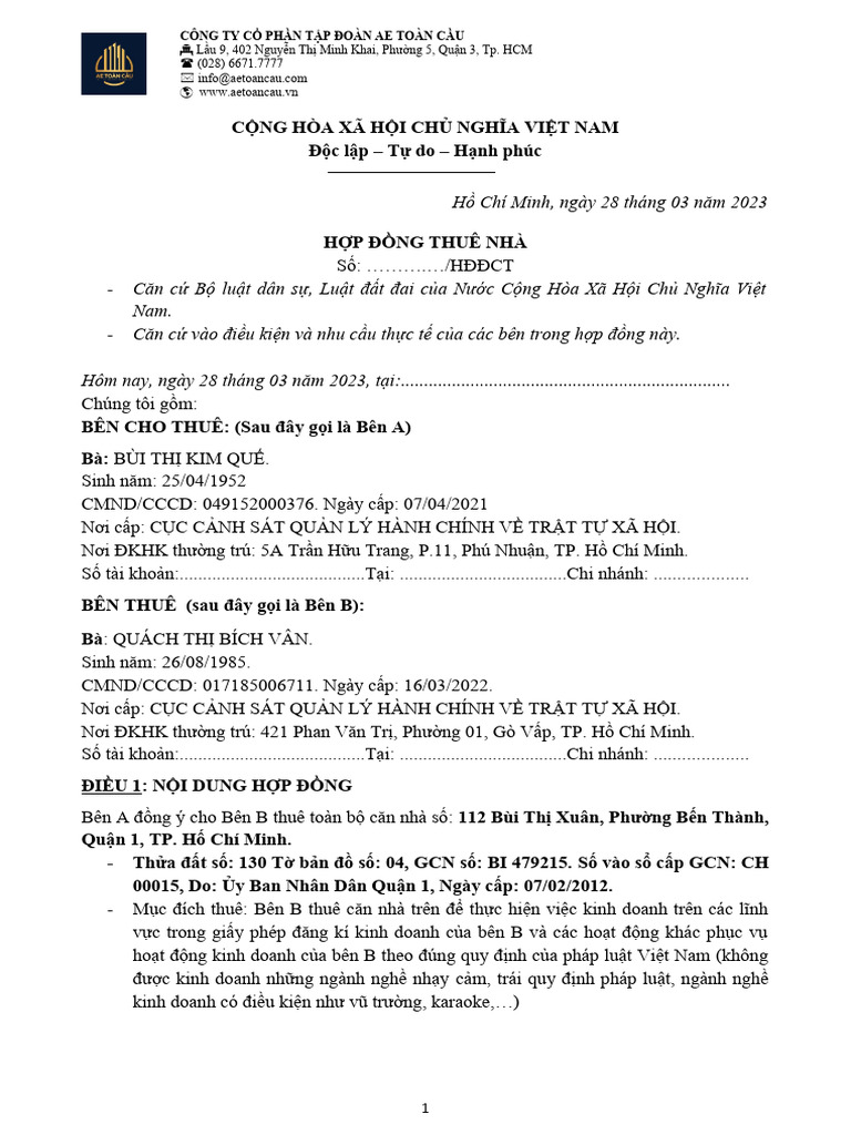 HD Thue 112 Bui Thi Xuan - HC | PDF